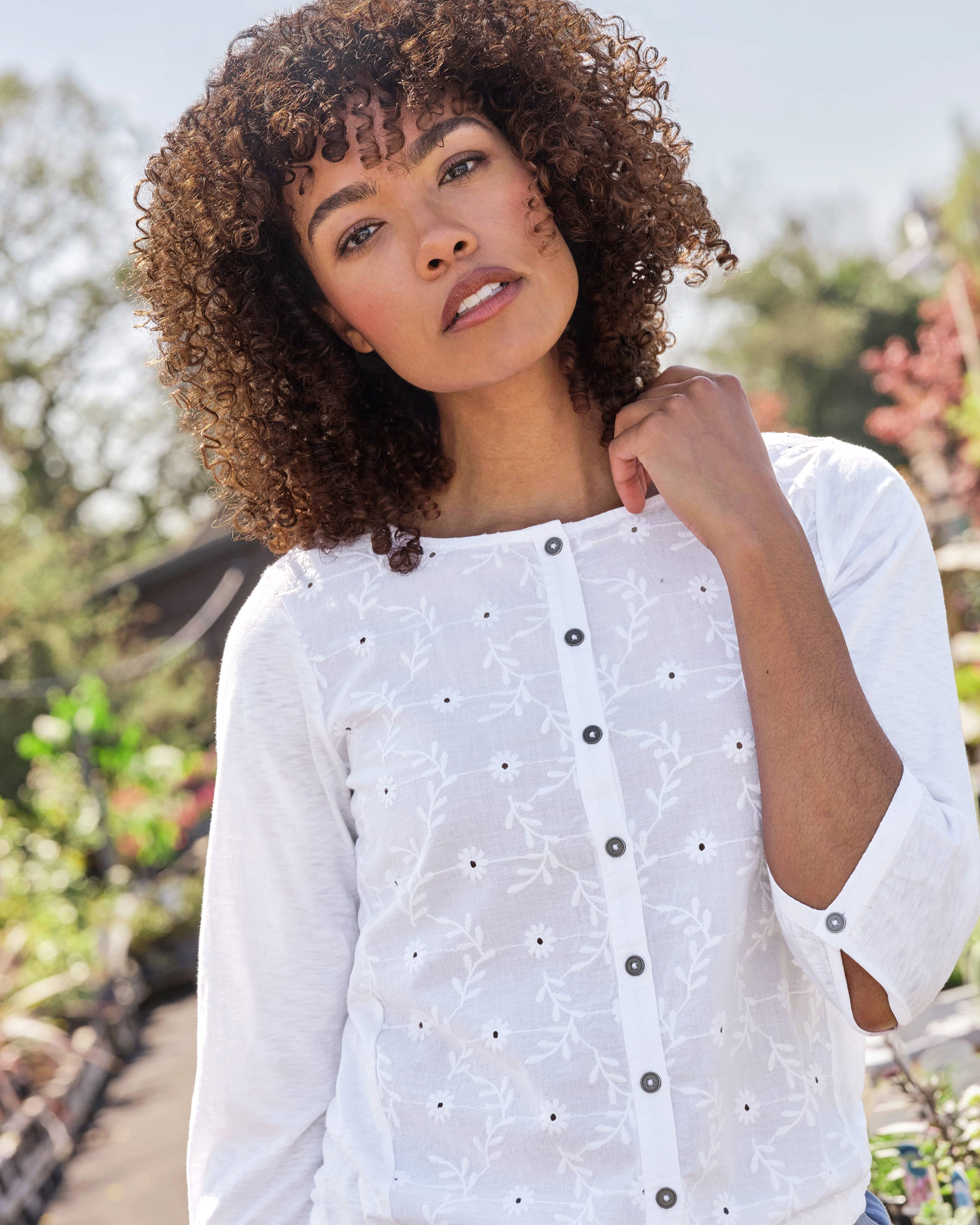White | 3/4 Length Sleeve Embroidered Tie Hem Top | WoolOvers UK
