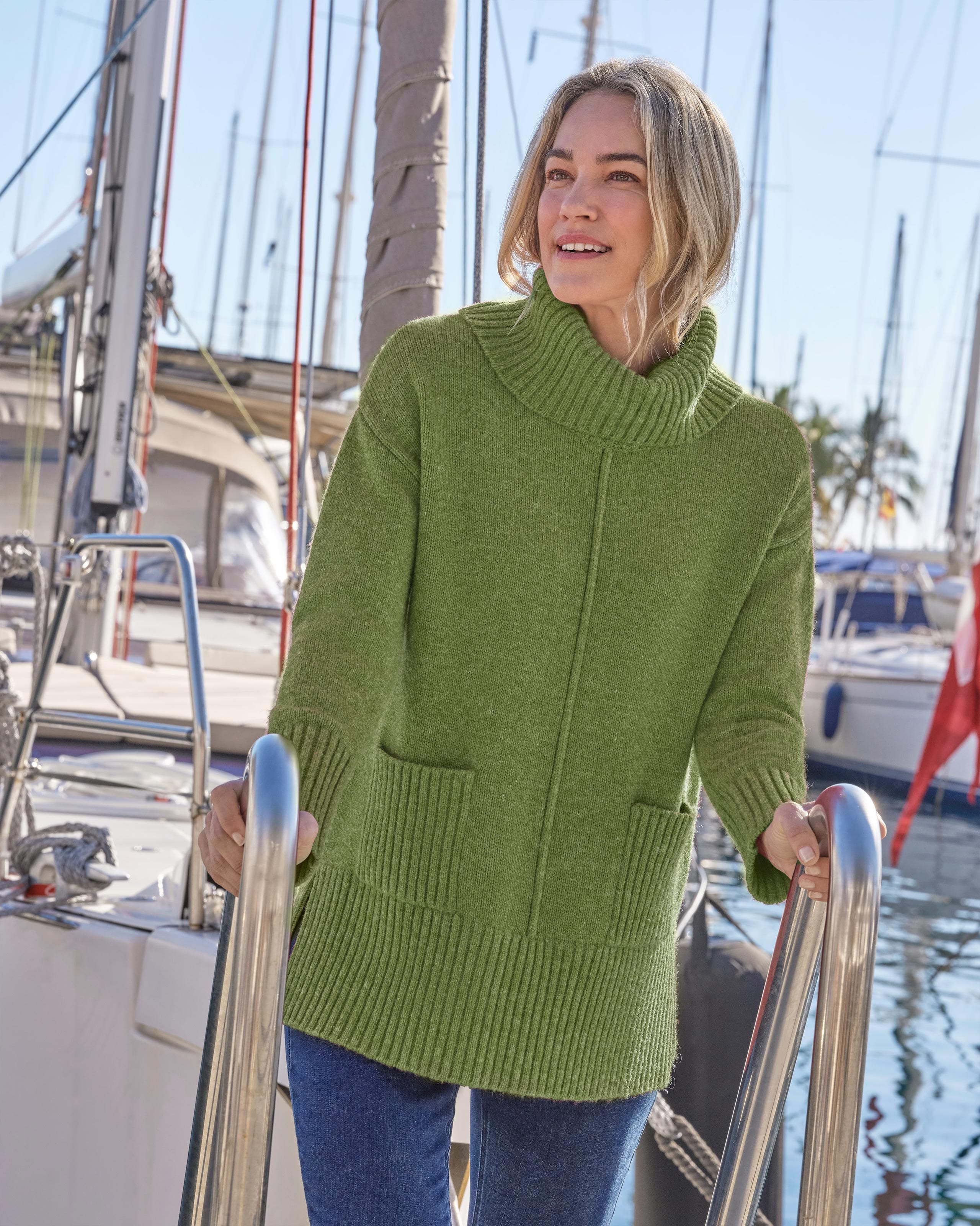 Green | Cowl Neck Pocket Longline Tunic | WoolOvers UK