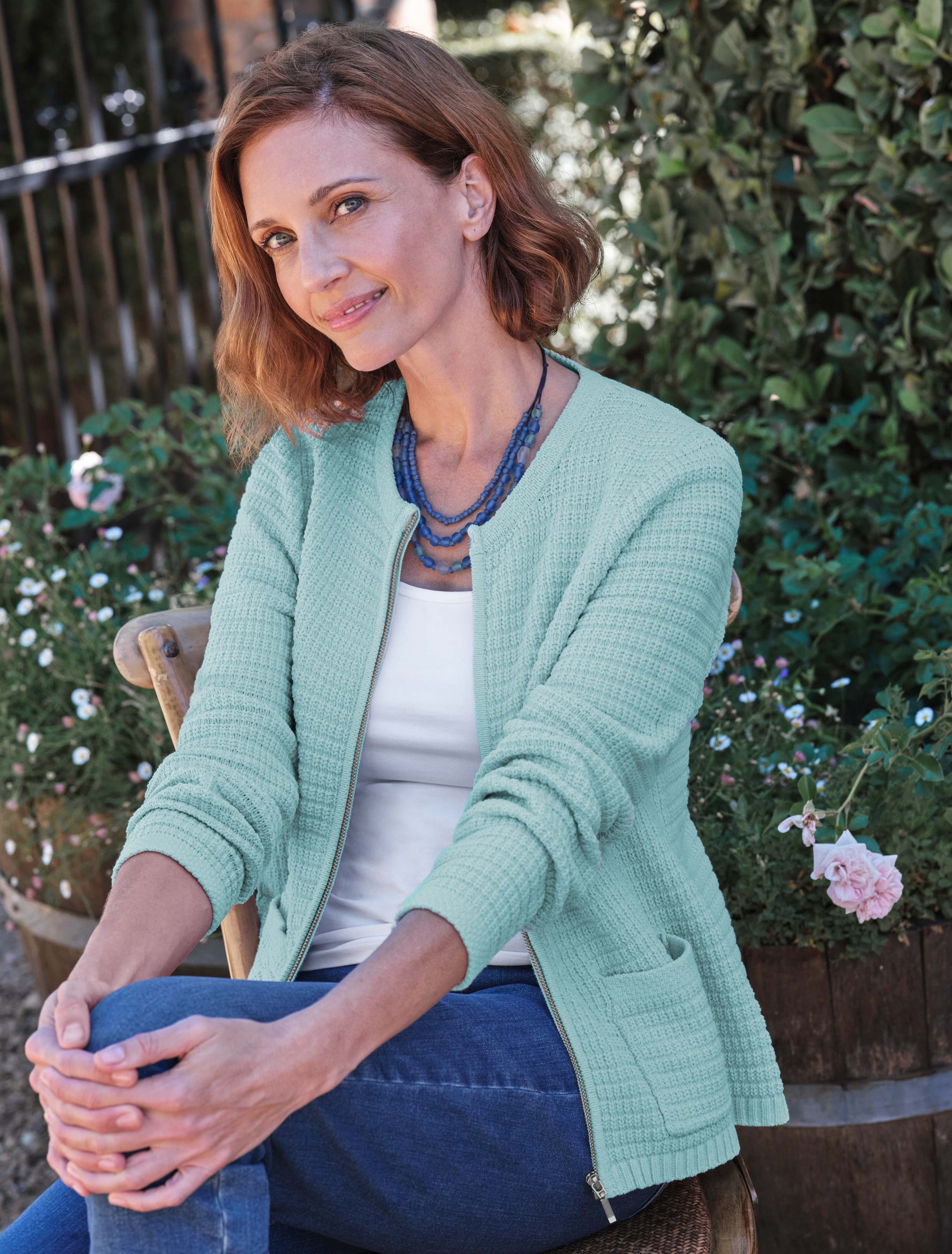 Aqua | Crew Neck Chenille Knitted Jacket | WoolOvers US