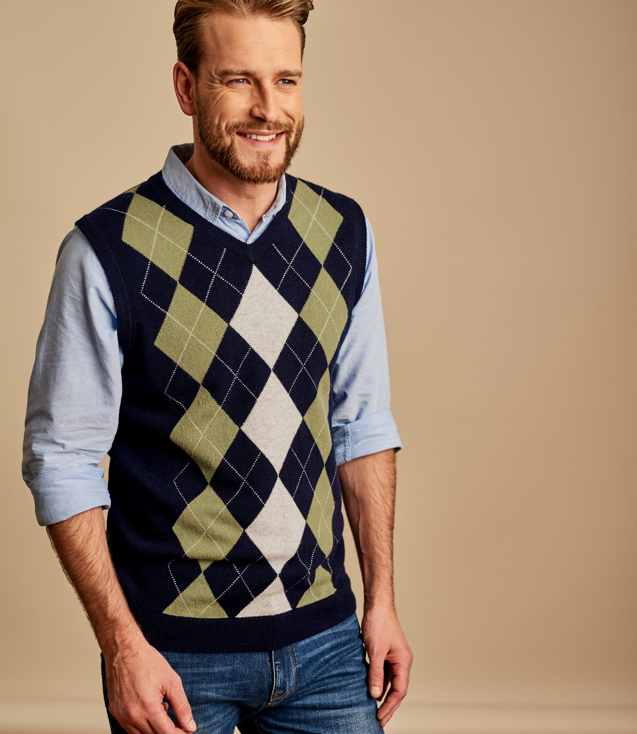 Navy/Hell Olivengrün/Taubengrau | Pullunder mit Argyle Muster aus ...