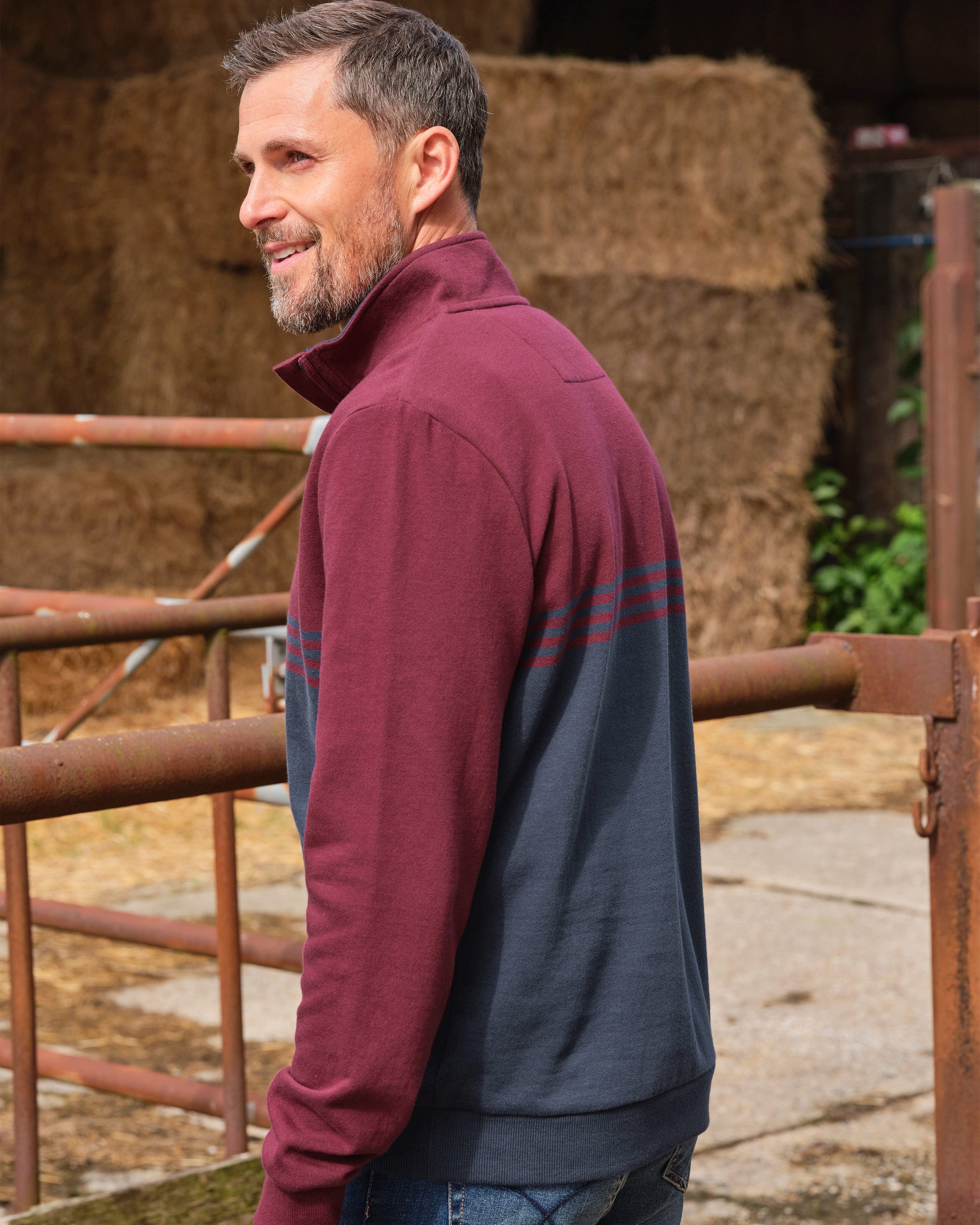 Maroon/Navy Stripe | Cotton Half Zip Jumper | WoolOvers AU