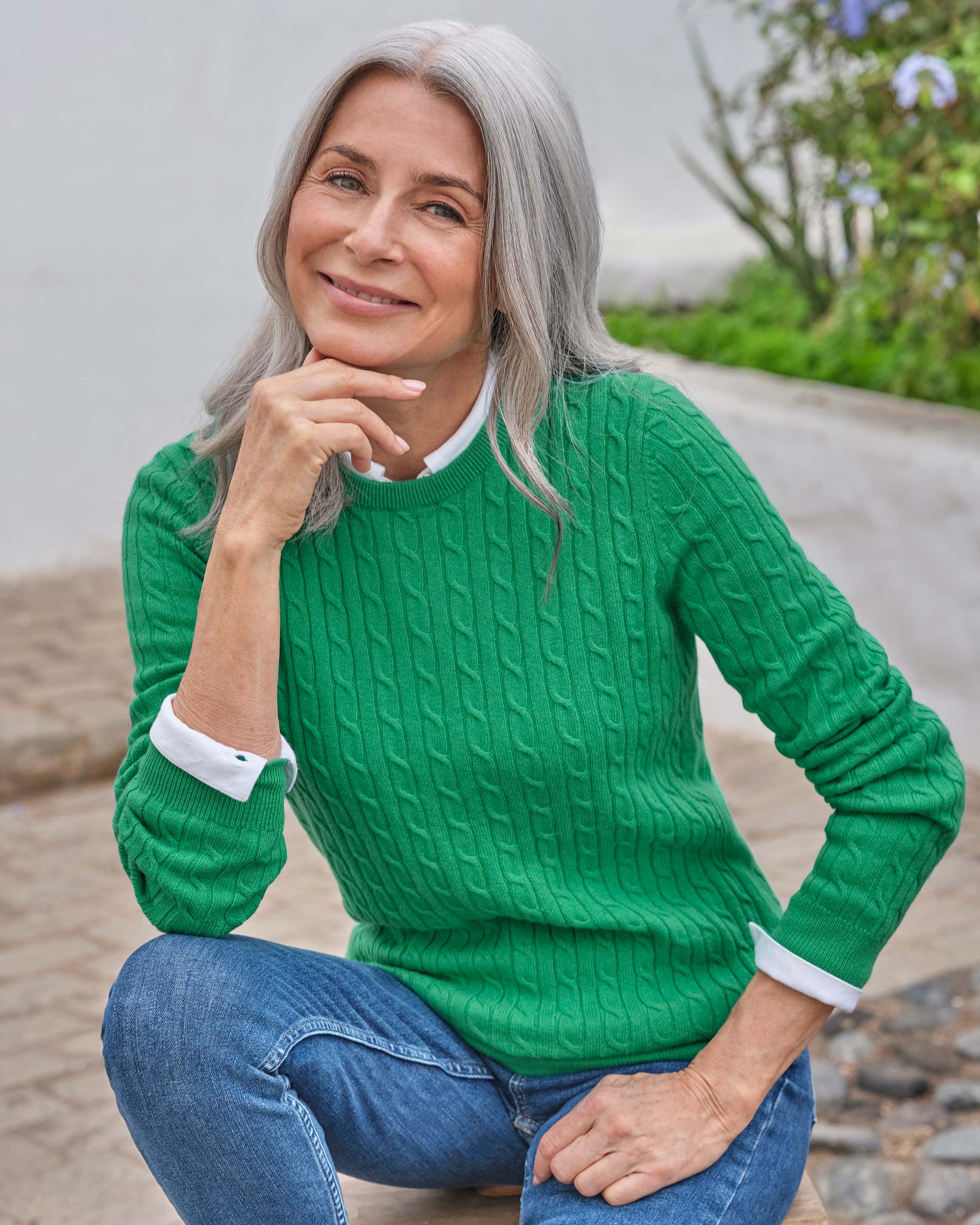 Fresh Green | Cashmere Merino Cable Crew Neck Sweater | WoolOvers US