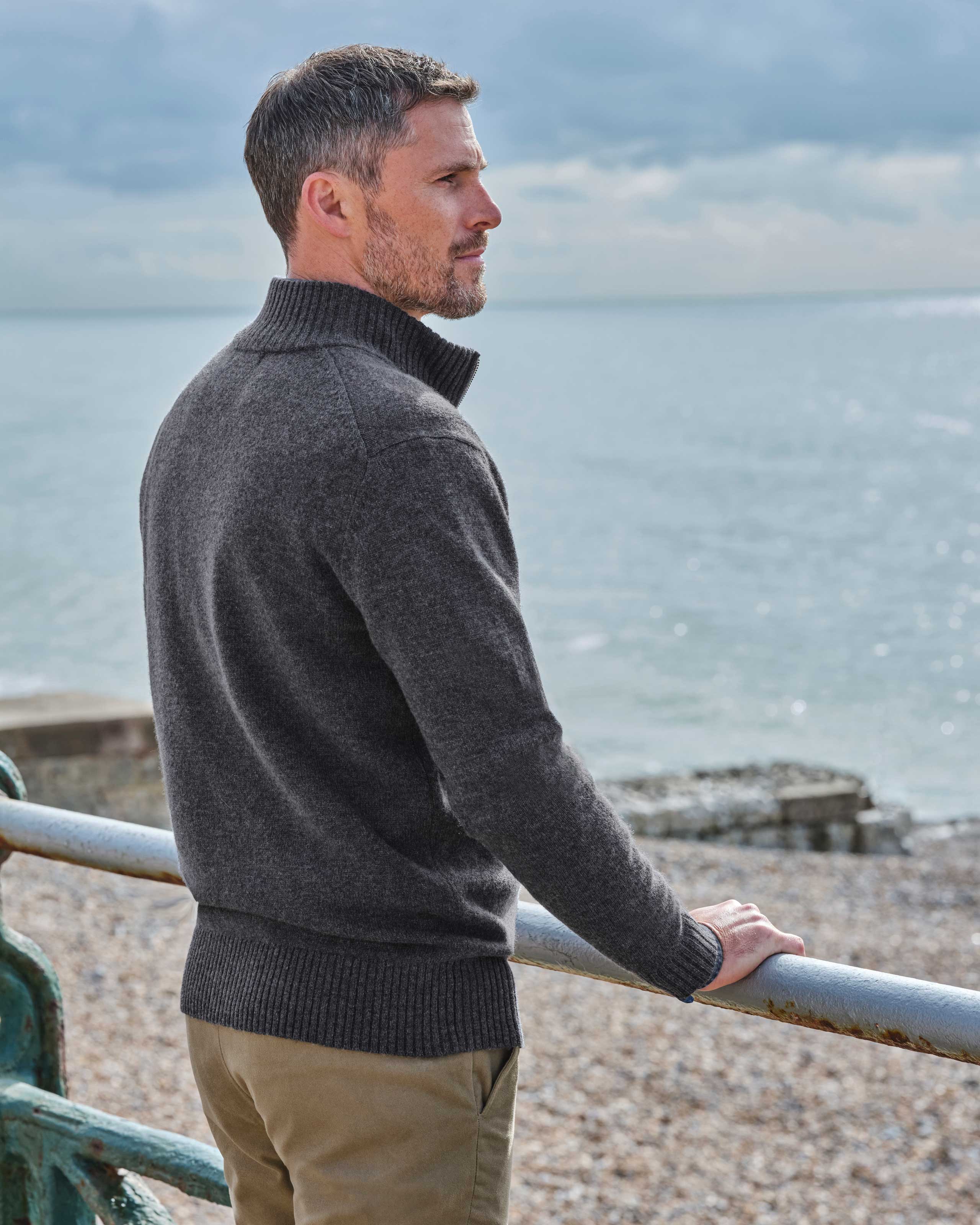 Charcoal | Mens Lambswool Lincoln Zipper Cardigan | WoolOvers AU