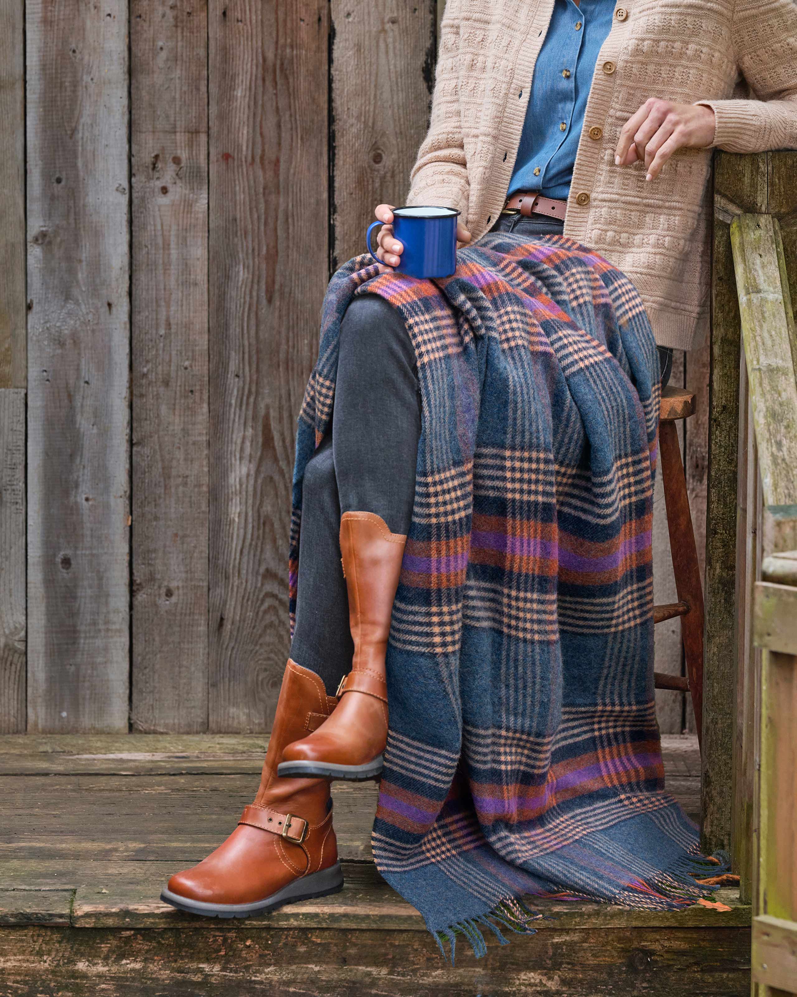 Denim Blue | Pure New Wool Checked Throw | WoolOvers UK