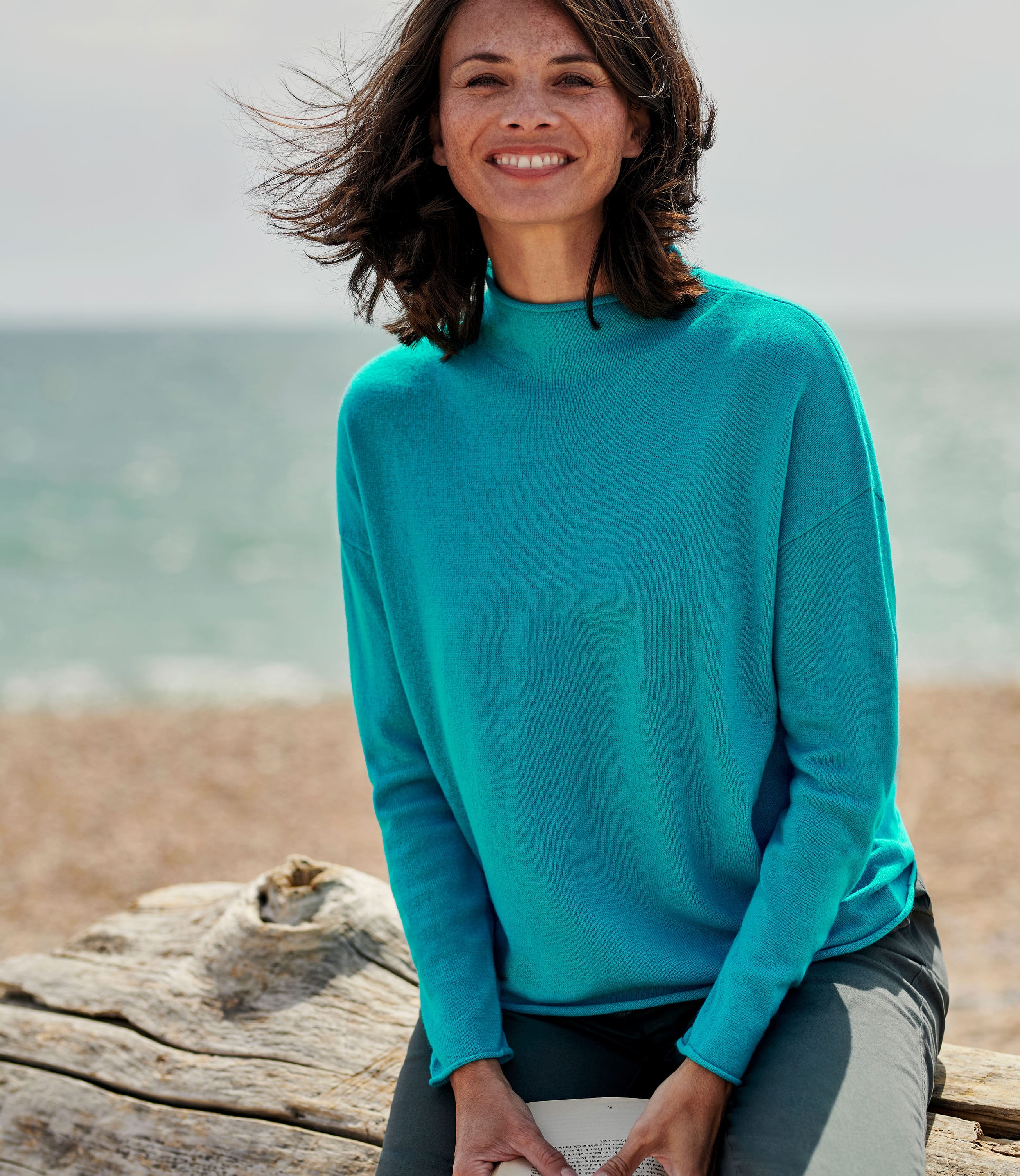 Cyan Blue Womens Cashmere Merino Mock Neck Sweater WoolOvers US