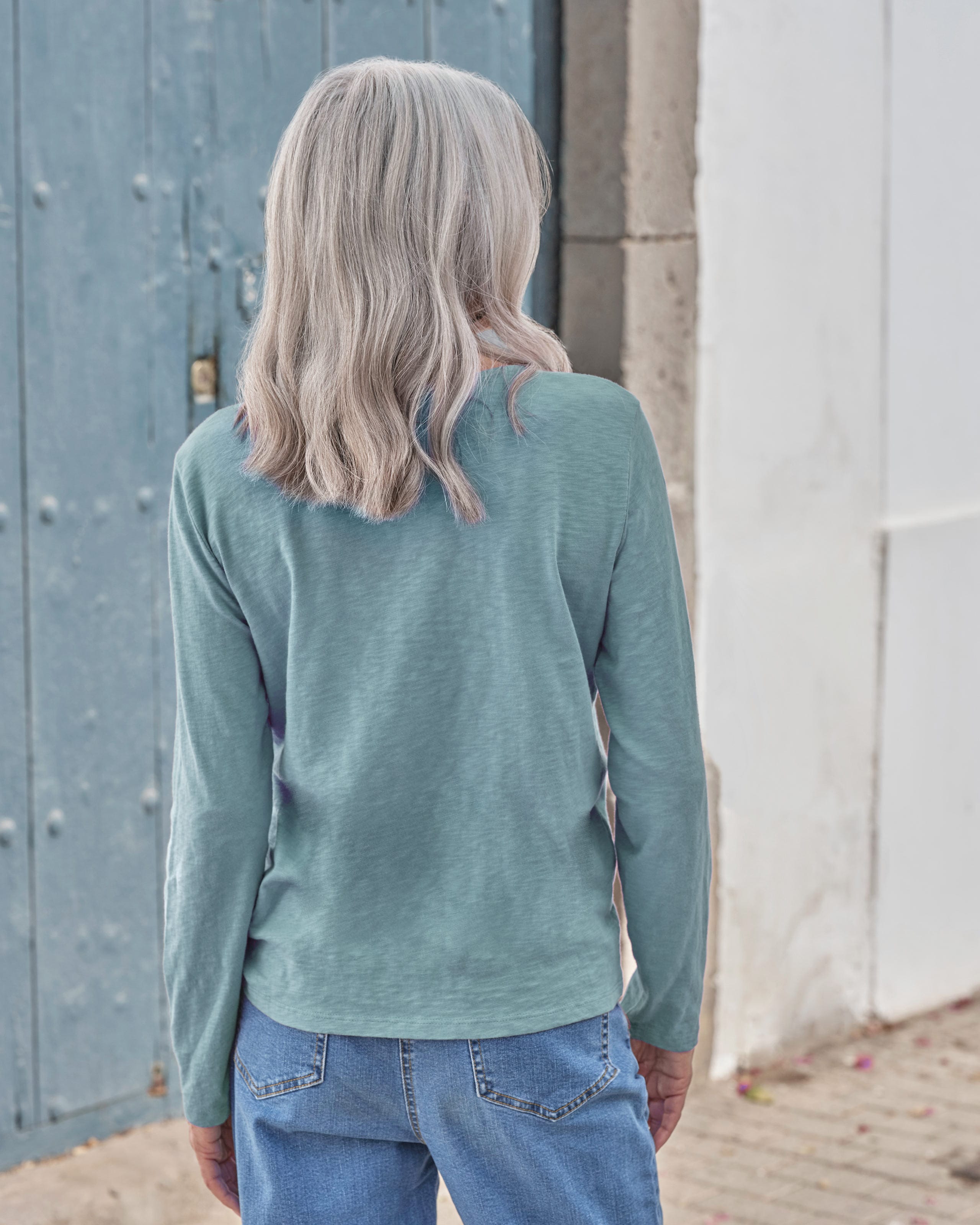 Dusk Blue | Long Sleeve Notch Neck Top | WoolOvers UK