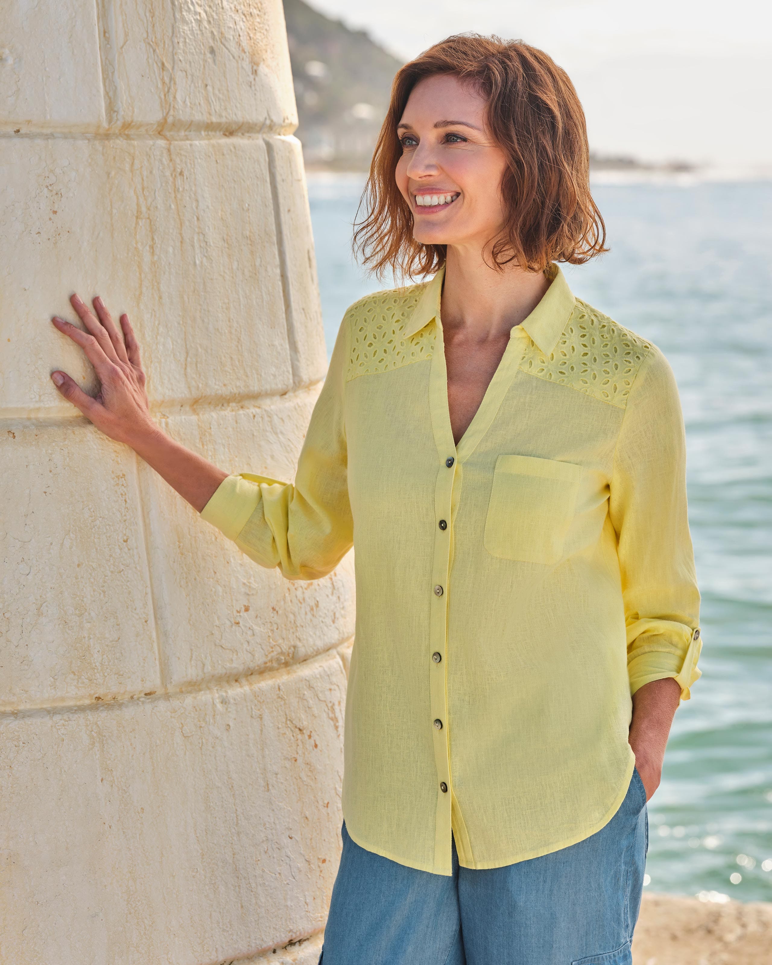 Lemon | Broderie Insert Linen Shirt | WoolOvers AU