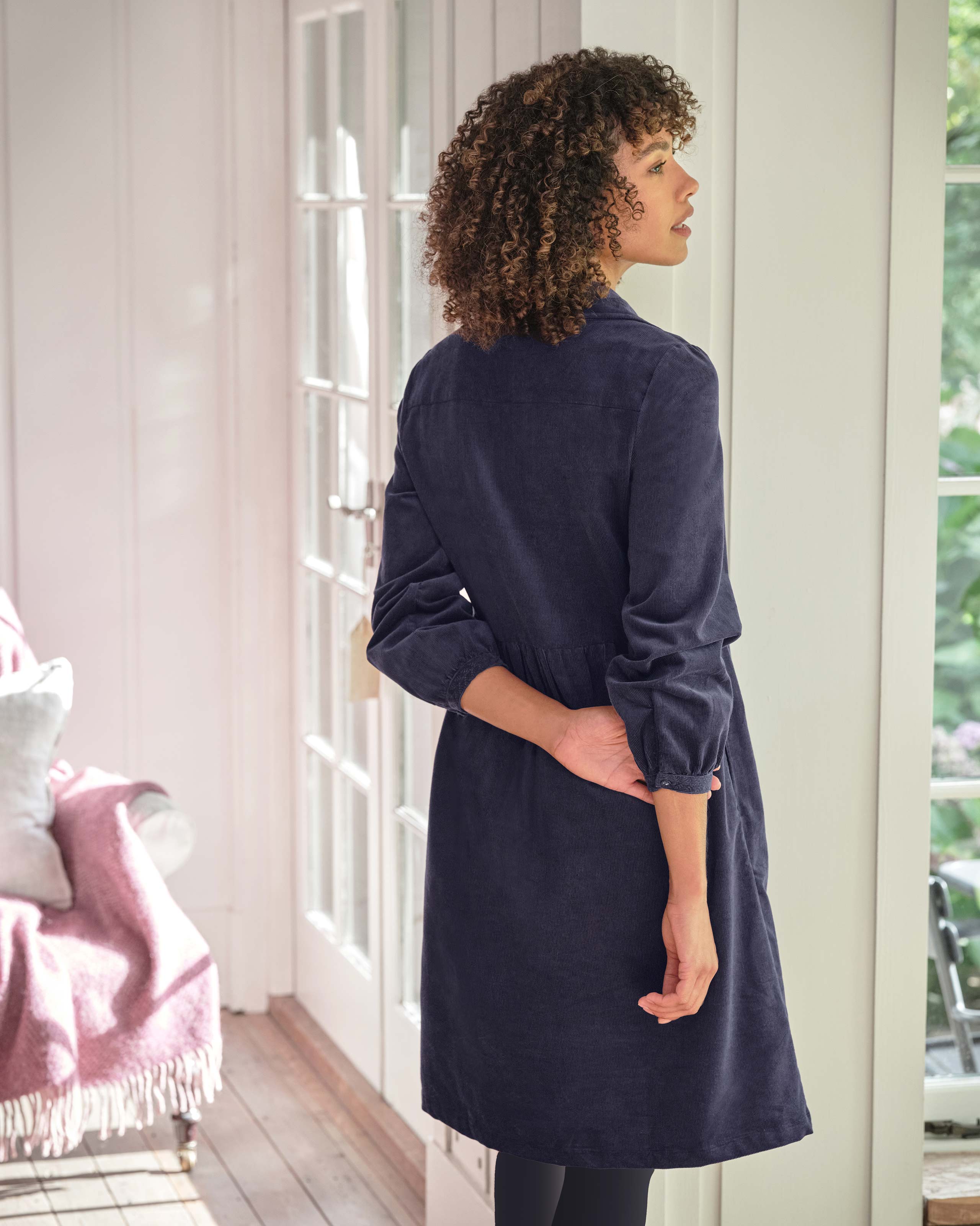 Midnight Navy | Embroidered Petal Collar Cord Dress | WoolOvers UK