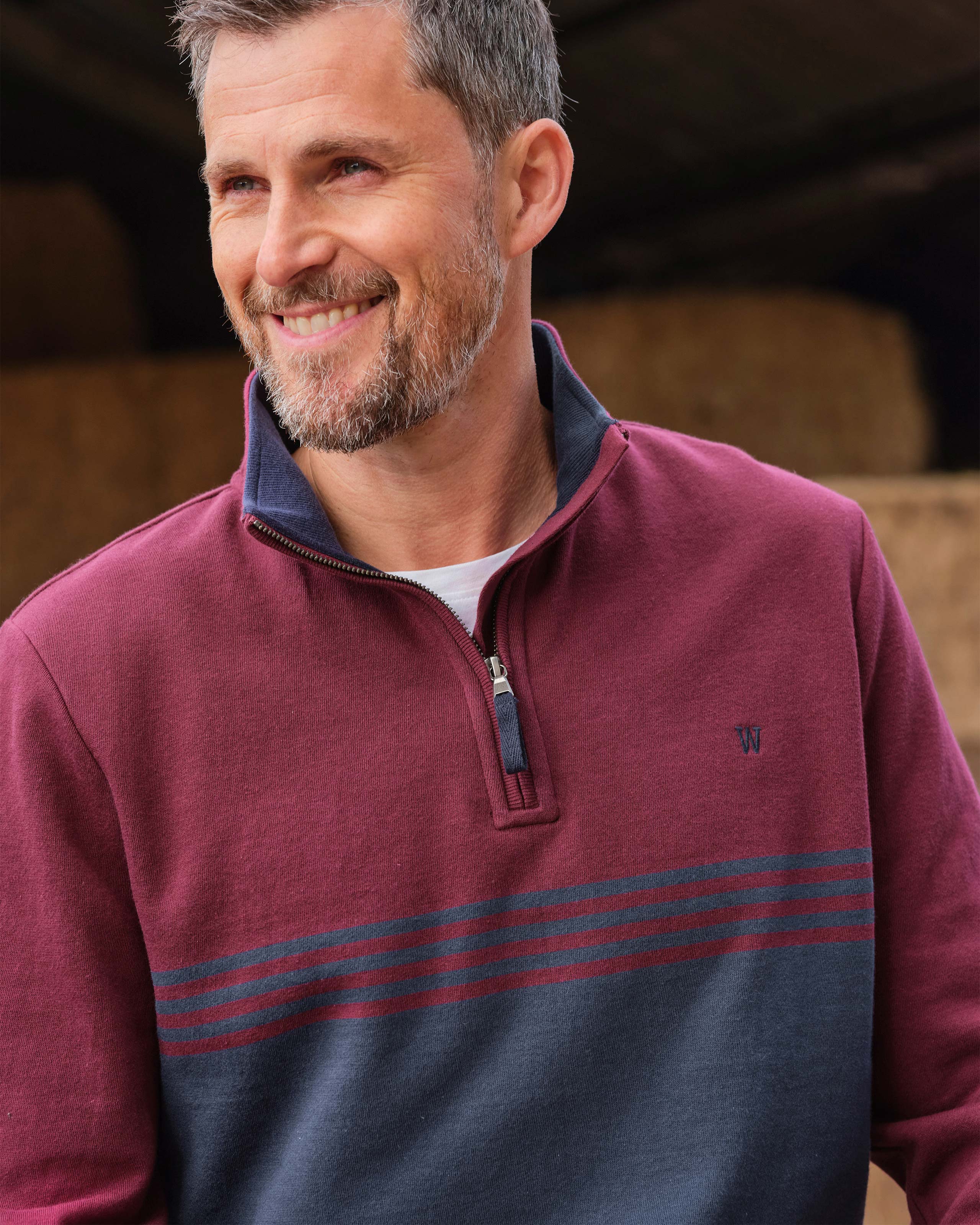 Maroon/Navy Stripe | Cotton Half Zip Jumper | WoolOvers AU